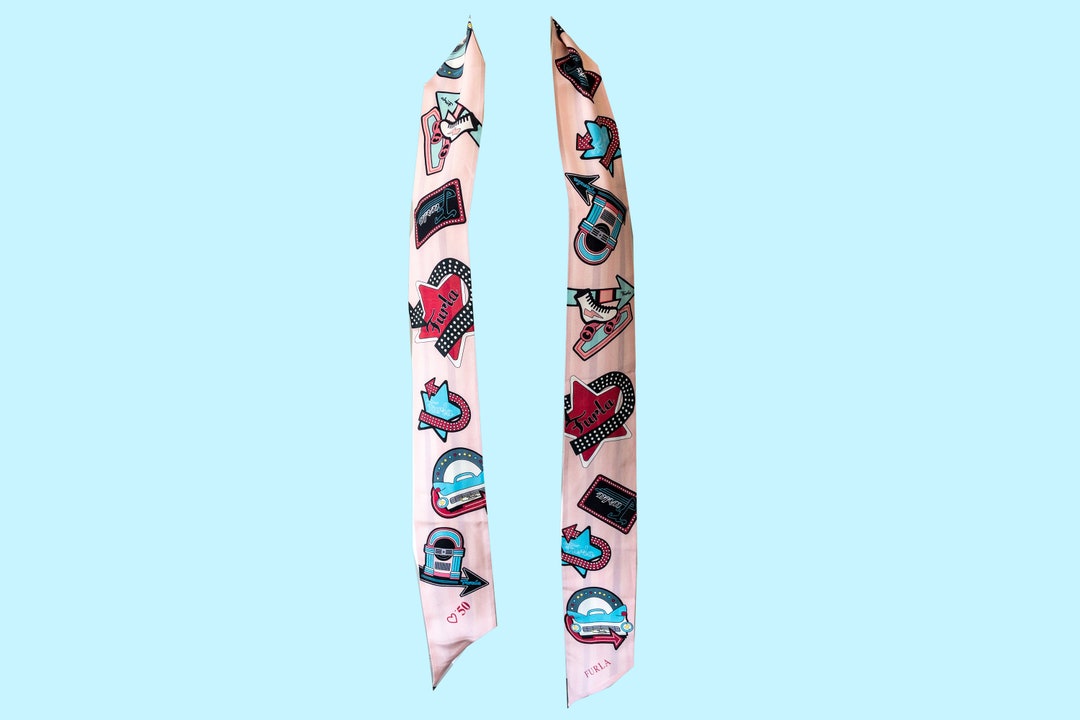 Y2K Silk Furla Skinny Scarf, Silk Scarf With Diagonal Ends, Pin Up ...