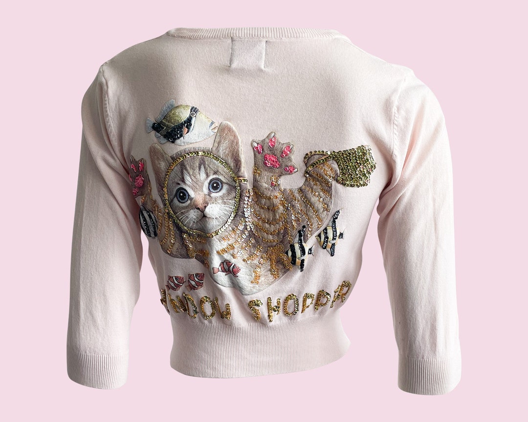 Y2K Aesthetic Baby Pink Cardi, Siren Cat Motif Cropped Cardigan window ...