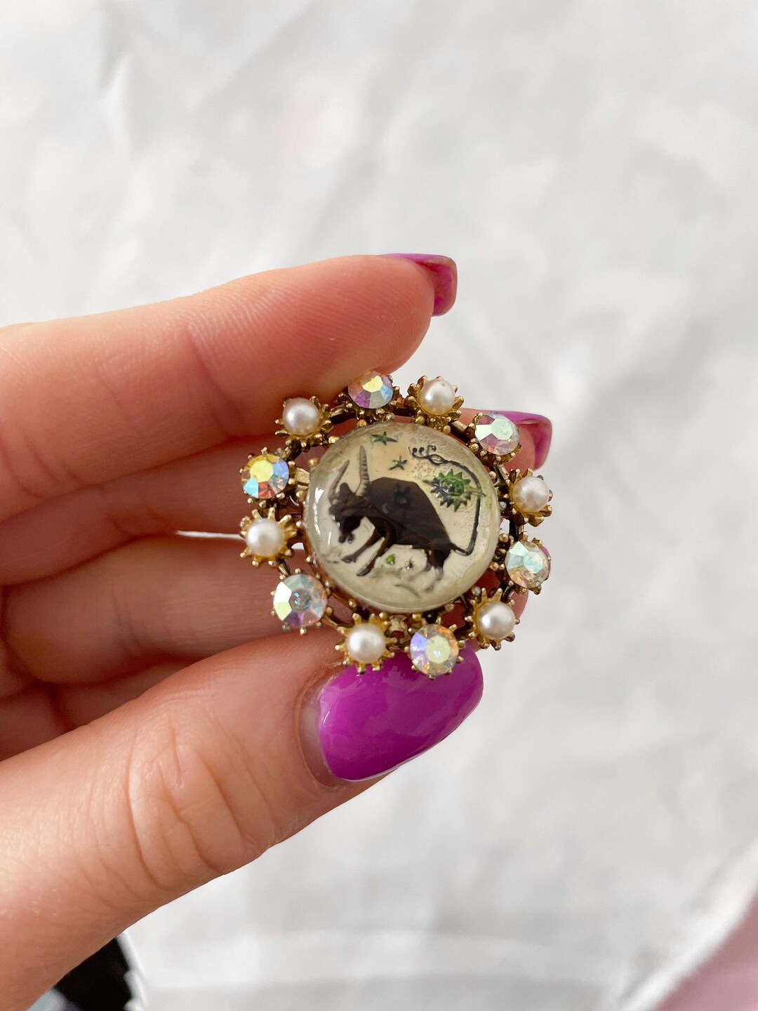 Taurus Motif Vintage Zodiac Brooch, Circular Pin With Iridescent Gems ...