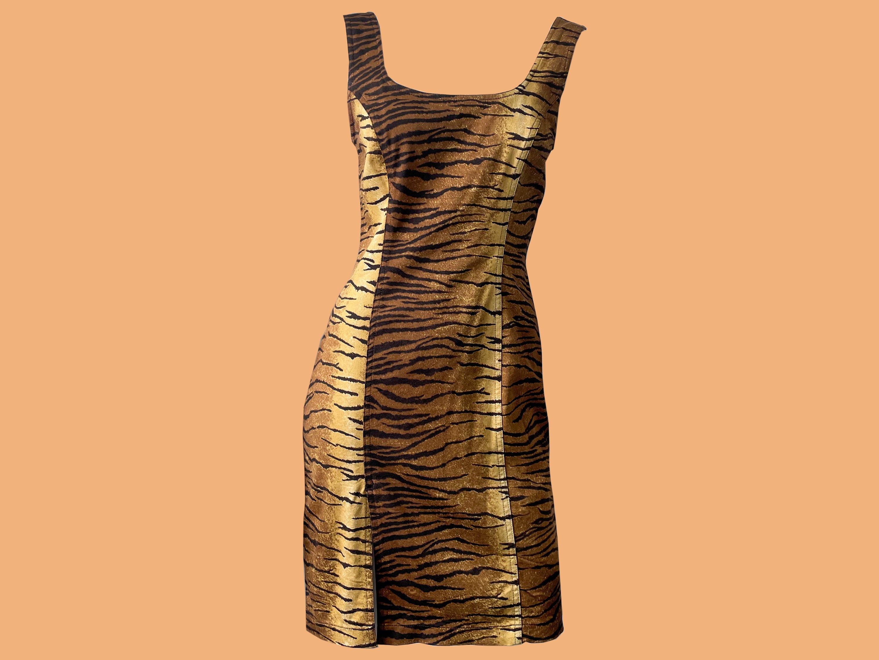 Vintage Moschino Jeans Tiger Print Dress, Mini Dress, Fitted Vintage Moschino Jeans Tiger Print Dress, Mini Dress, Fitted