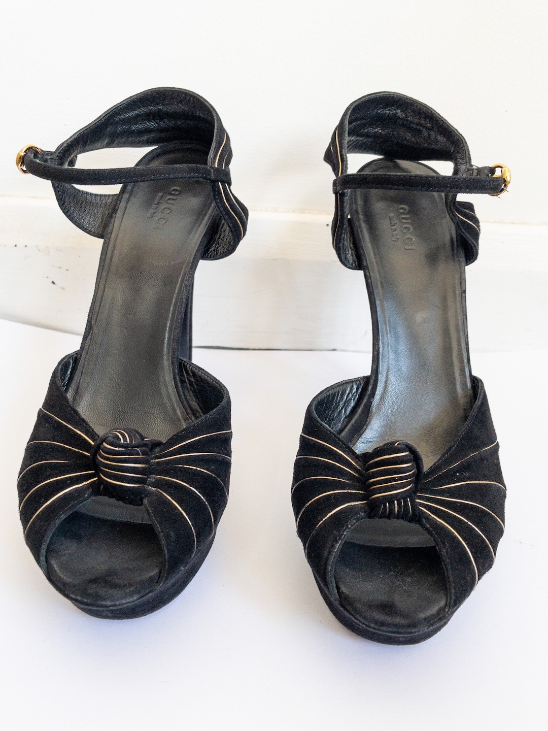 Y2K Gucci Platform Heels, Black and Gold, Ankle Straps and Stilettos ...