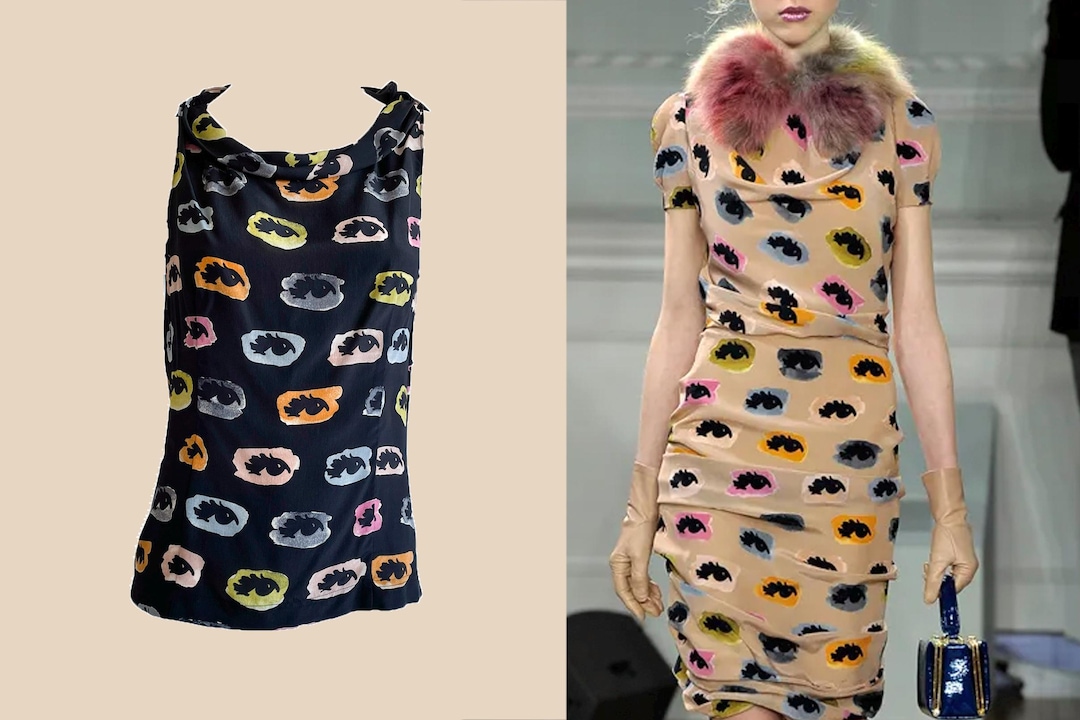 Moschino Silk Sleeveless Top: Y2K Eye Print, Neck Scarf - Size M, UK 10 ...
