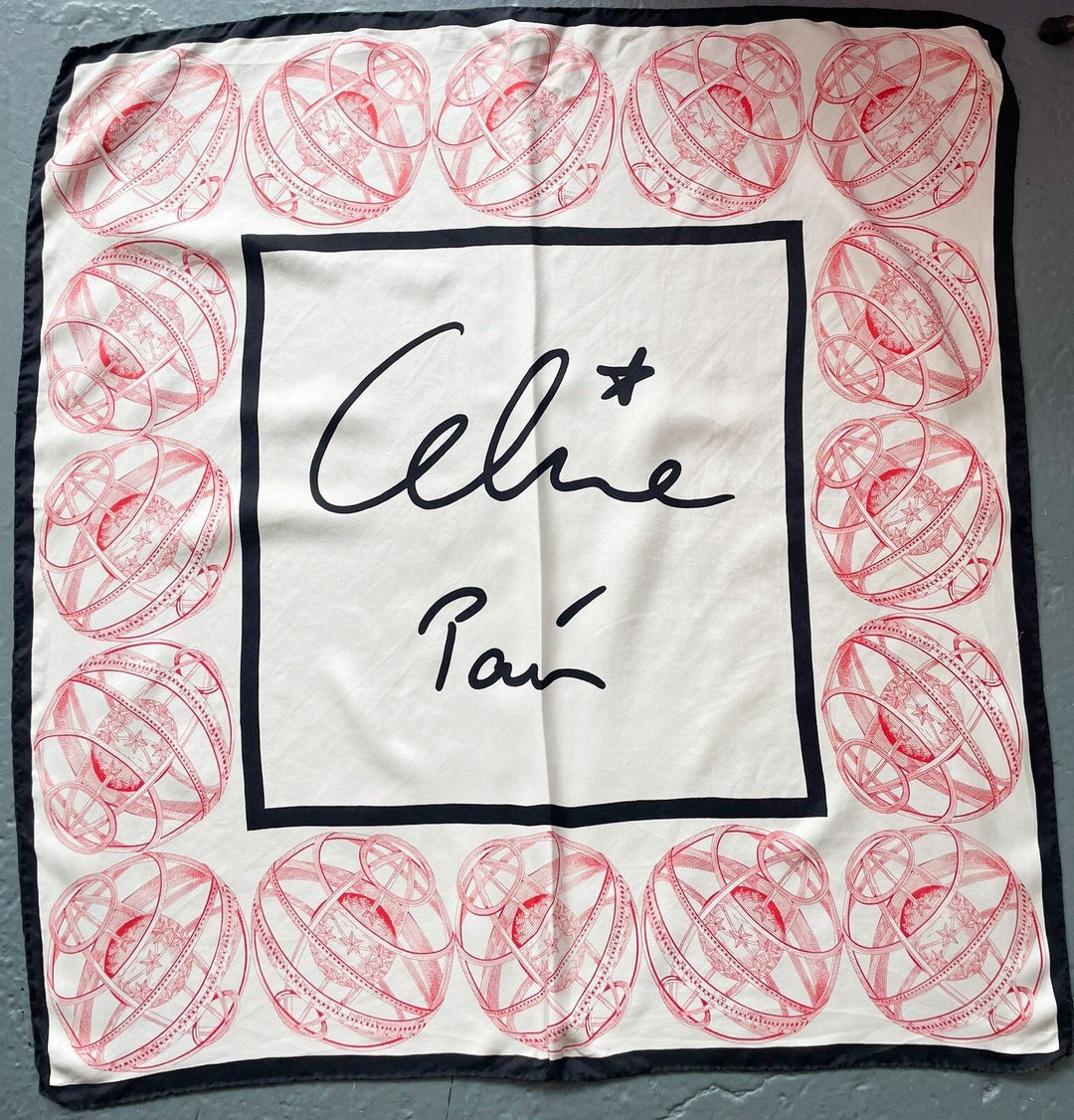 Celine Paris Silk Scarf, Cream, Black and Red Colourway With Globe ...