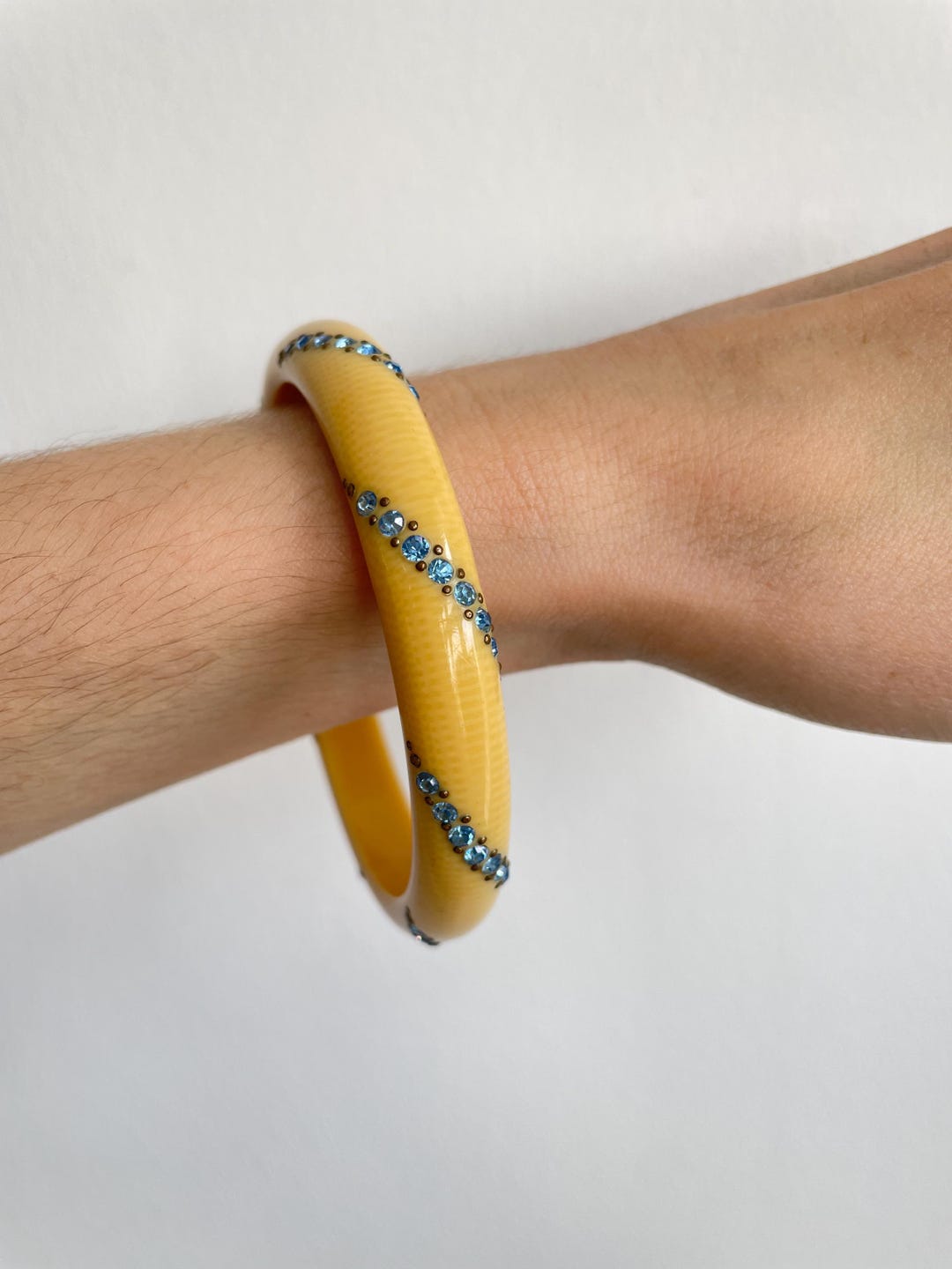 Art Deco 1920s Era Celluloid Bangle, Cream With Baby Blue Rhinestones ...