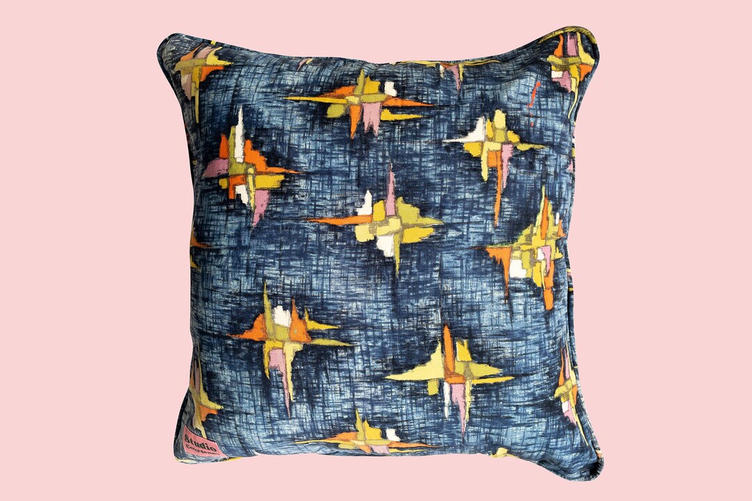 Mid Century Modern Navy Cushion, Vintage Fabric, Abstract Geometric ...