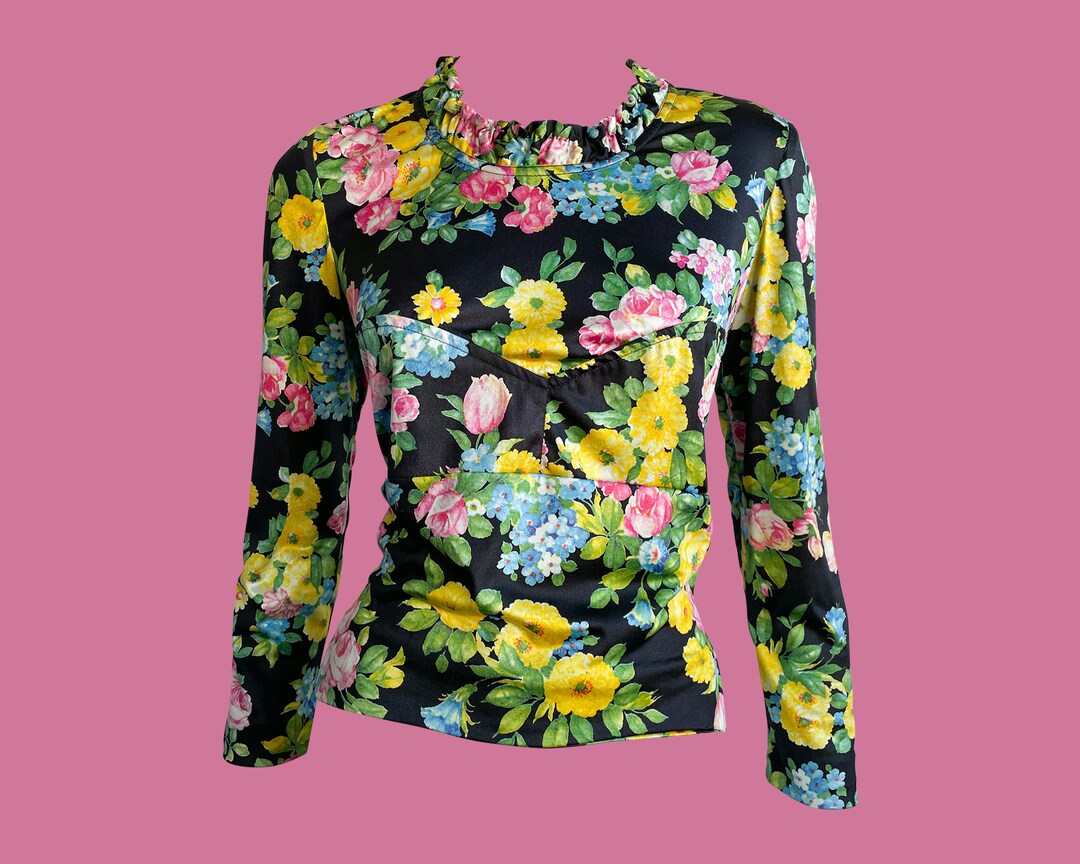 Vintage 70s Floral Print Top, Long Sleeved, Yellow, Pink, Blue and ...