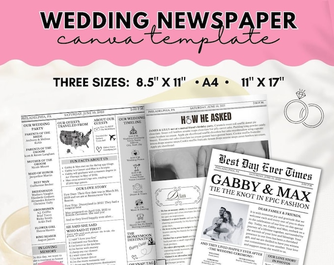 Editable Wedding Newspaper Program, Newsletter Canva Template, Wedding ...