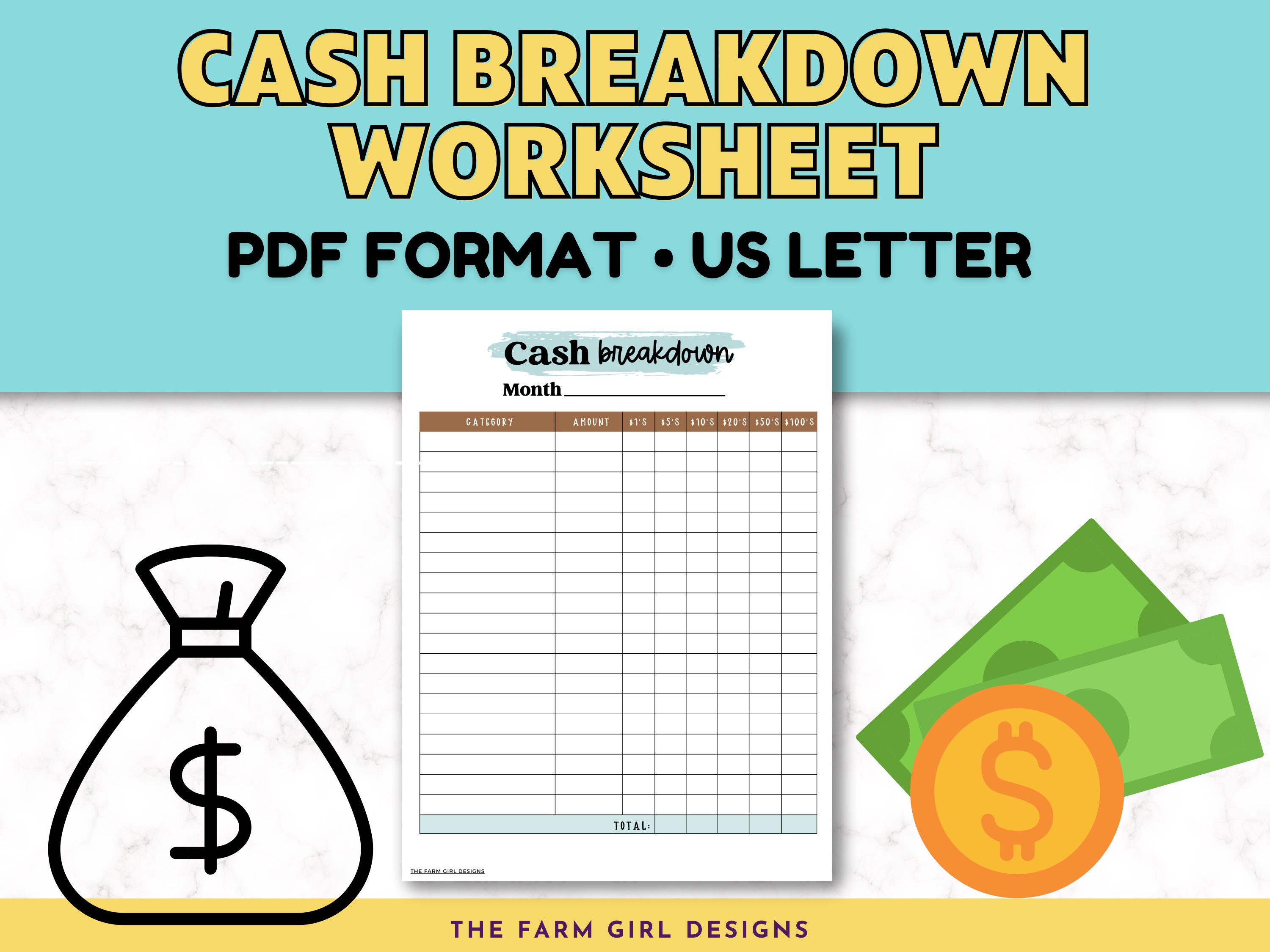 Printable Cash Breakdown Template Cash Breakdown Sheet Cash - Etsy
