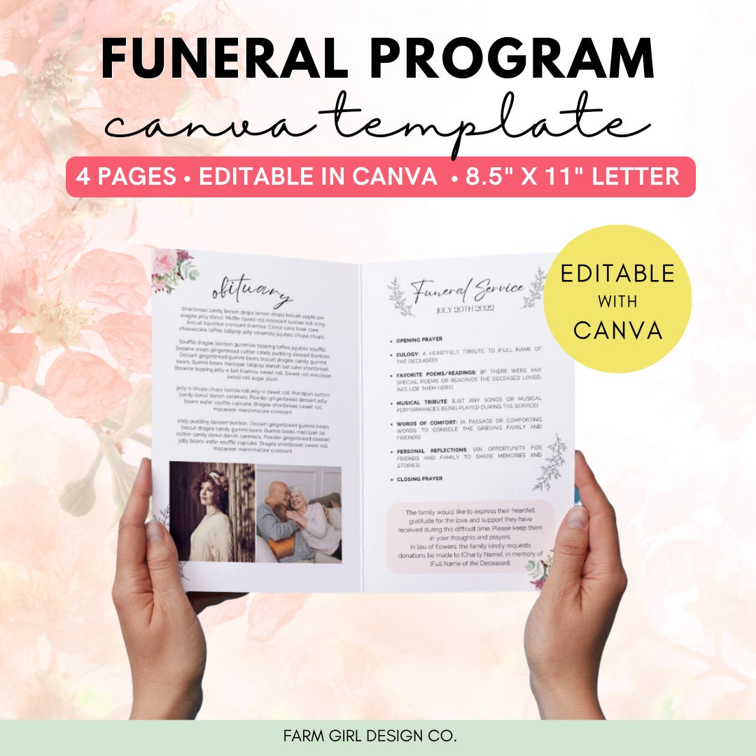Funeral Program Template Floral, Obituary Template, Celebration of Life ...