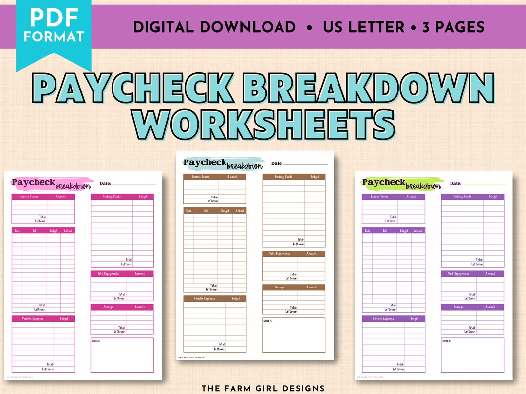Paycheck Breakdown Worksheet, Budgeting Template, Paycheck Breakdown ...