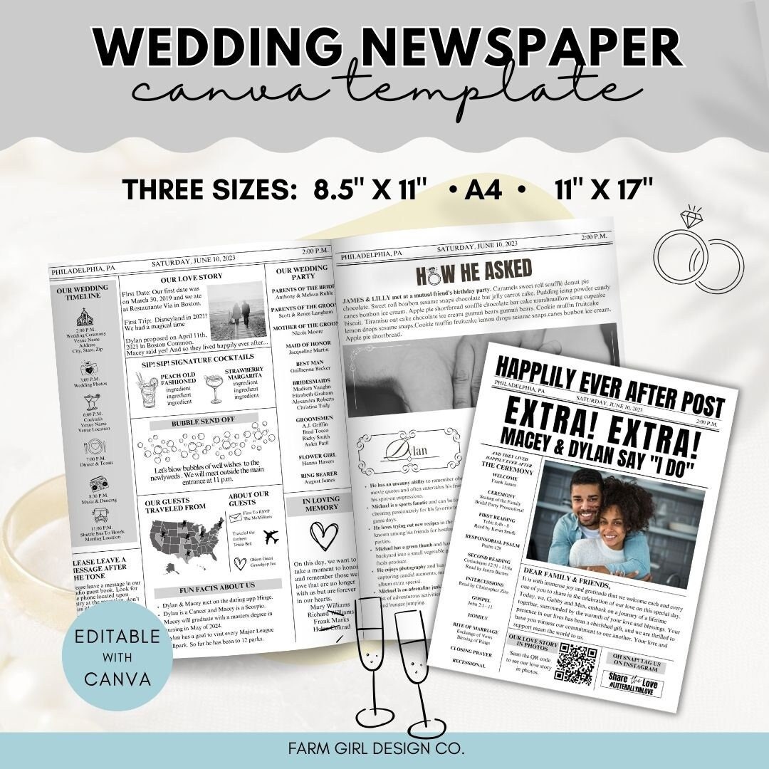 Editable Wedding Newspaper Program, Newsletter Canva Template, Wedding ...