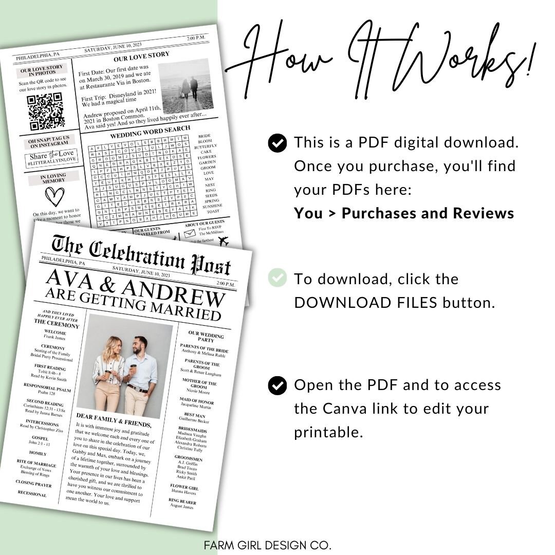 Editable Wedding Newspaper Program, Newsletter Canva Template, Wedding ...