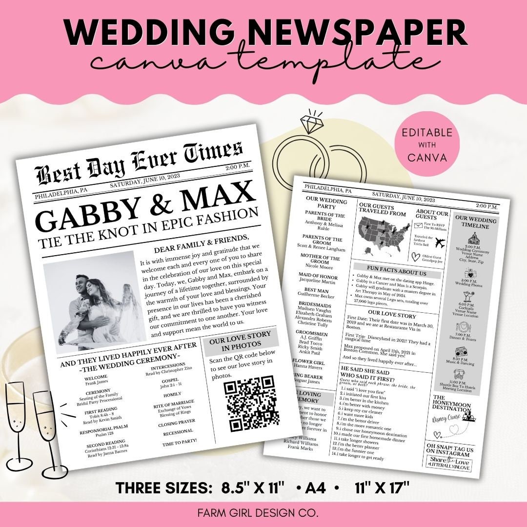Editable Wedding Newspaper Program, Newsletter Canva Template, Wedding ...