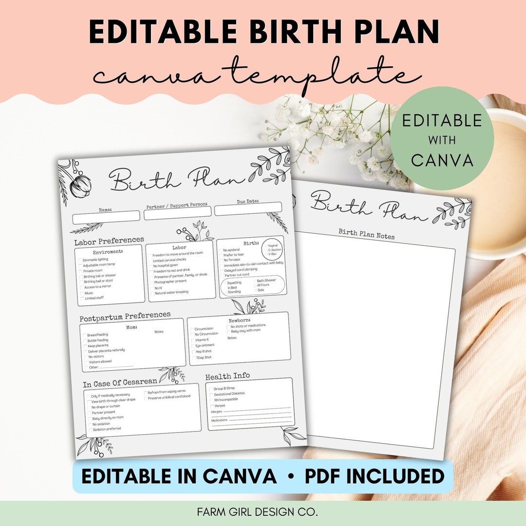 Birth Plan Template Canva, Birth Plan Checklist, Editable Birth Plan ...
