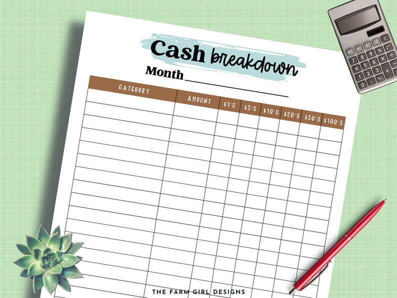 Printable Cash Breakdown Template Cash Breakdown Sheet Cash - Etsy