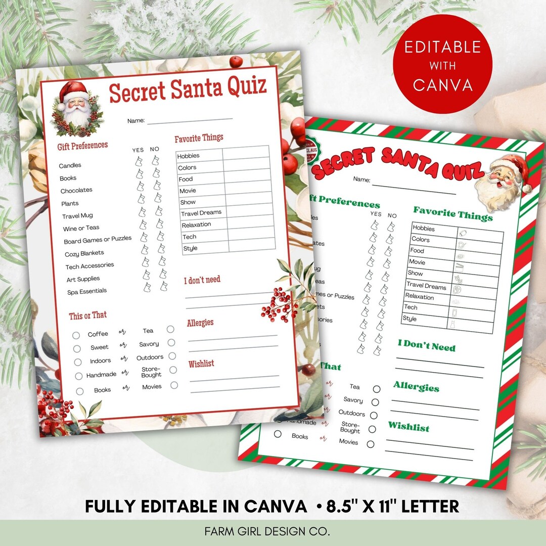 Editable Secret Santa Questions, Secret Santa Questionnaire,get to Know ...