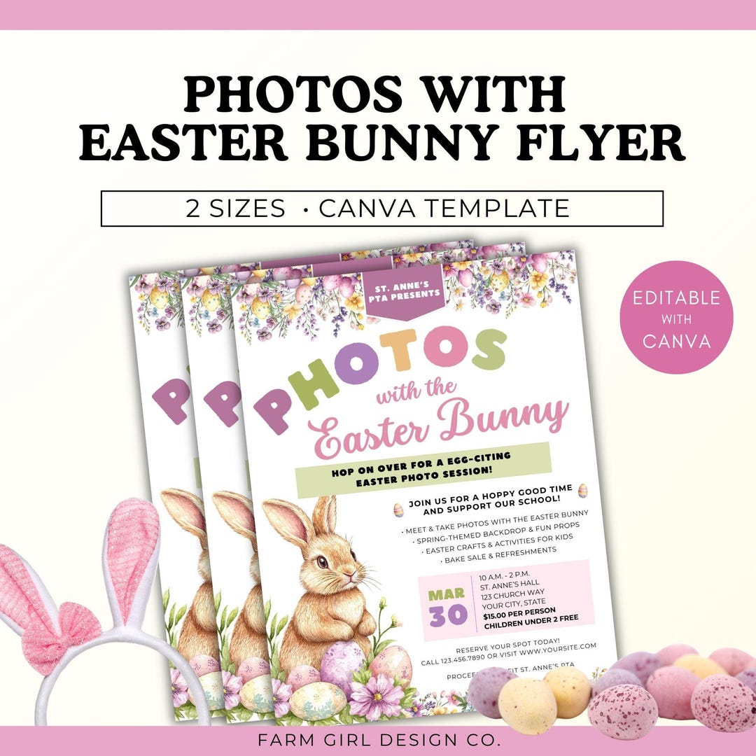 Photos With Easter Bunny Flyer, Easter Mini Session Template, Breakfast ...
