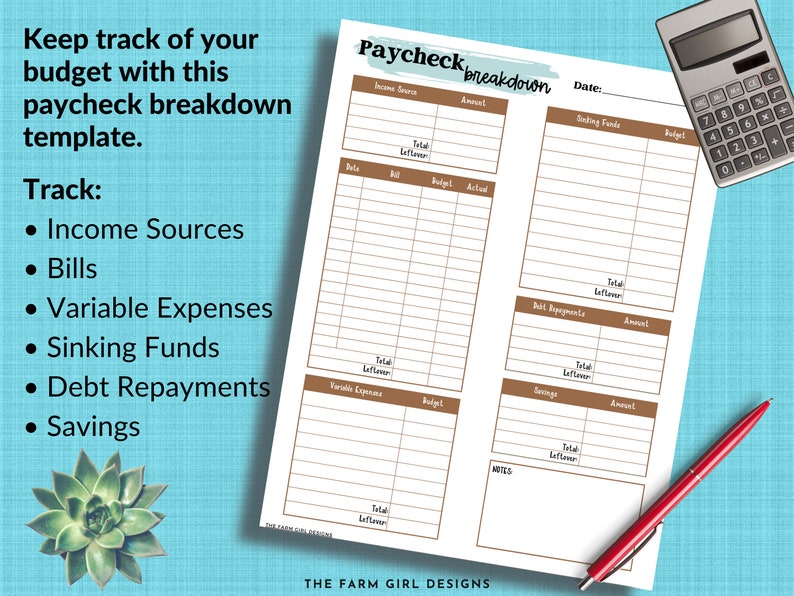 Paycheck Breakdown Worksheet Budgeting Template Paycheck - Etsy
