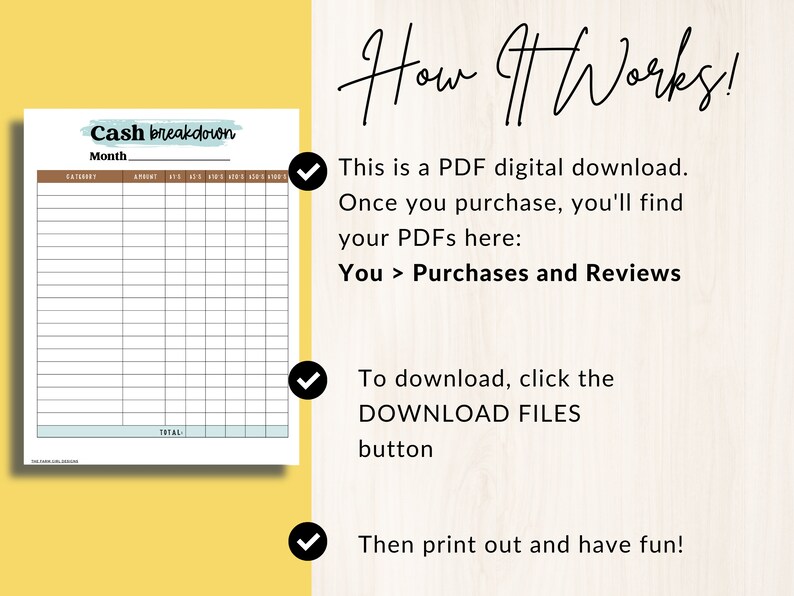 Printable Cash Breakdown Template Cash Breakdown Sheet Cash - Etsy
