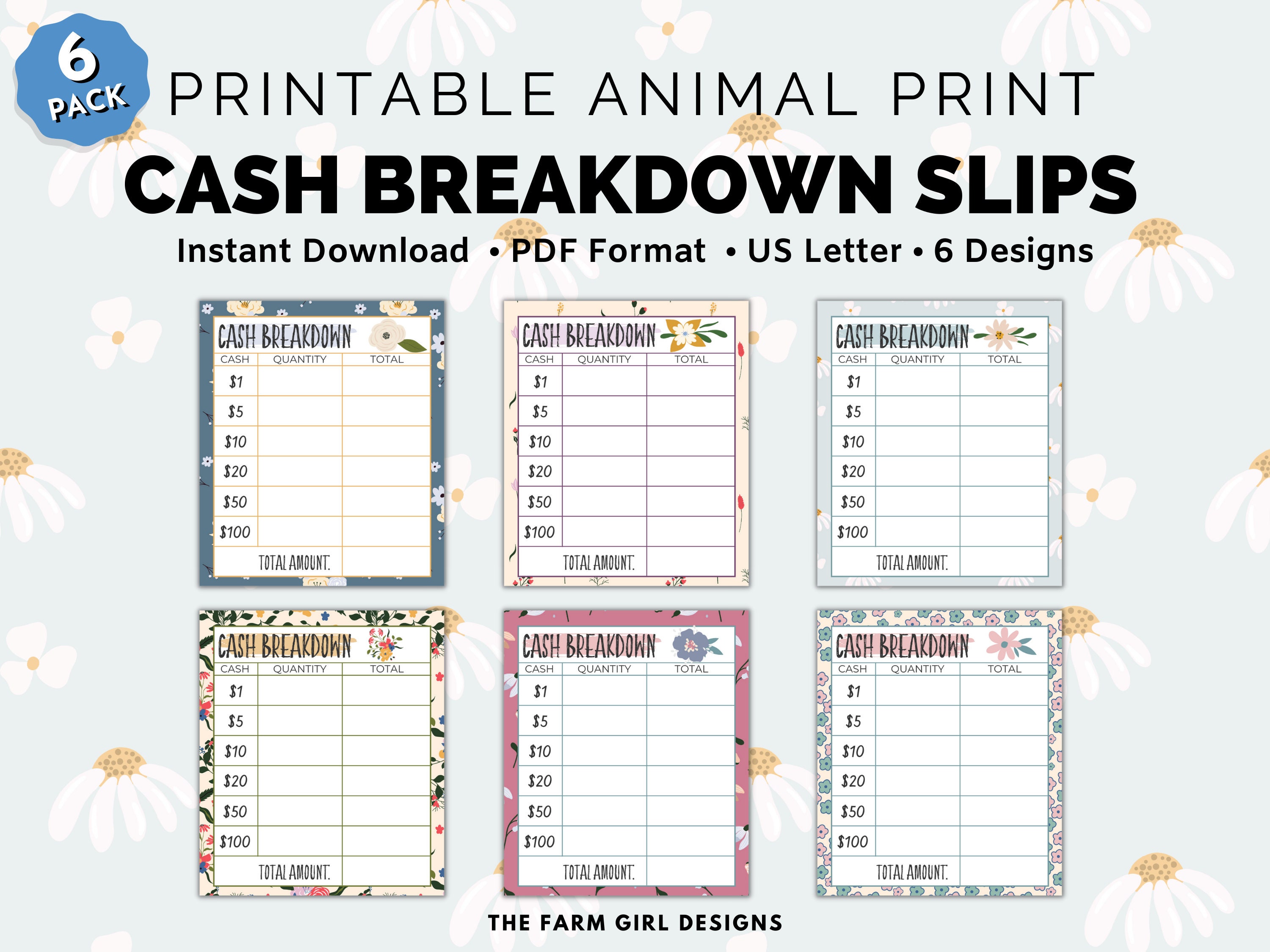Printable Cash Breakdown Slips 6 Pack Cash Teller Slips Cash - Etsy