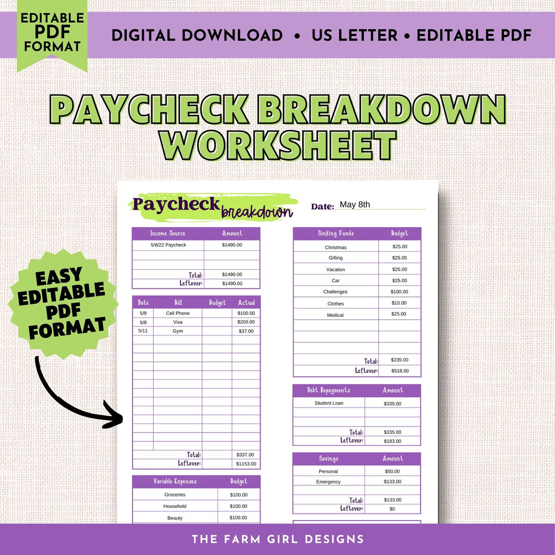 Editable Paycheck Budget Worksheet, Budgeting Template, Paycheck ...