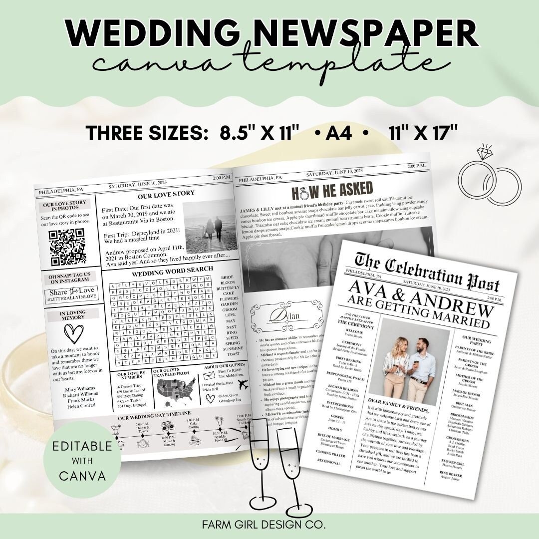 Editable Wedding Newspaper Program, Newsletter Canva Template, Wedding ...