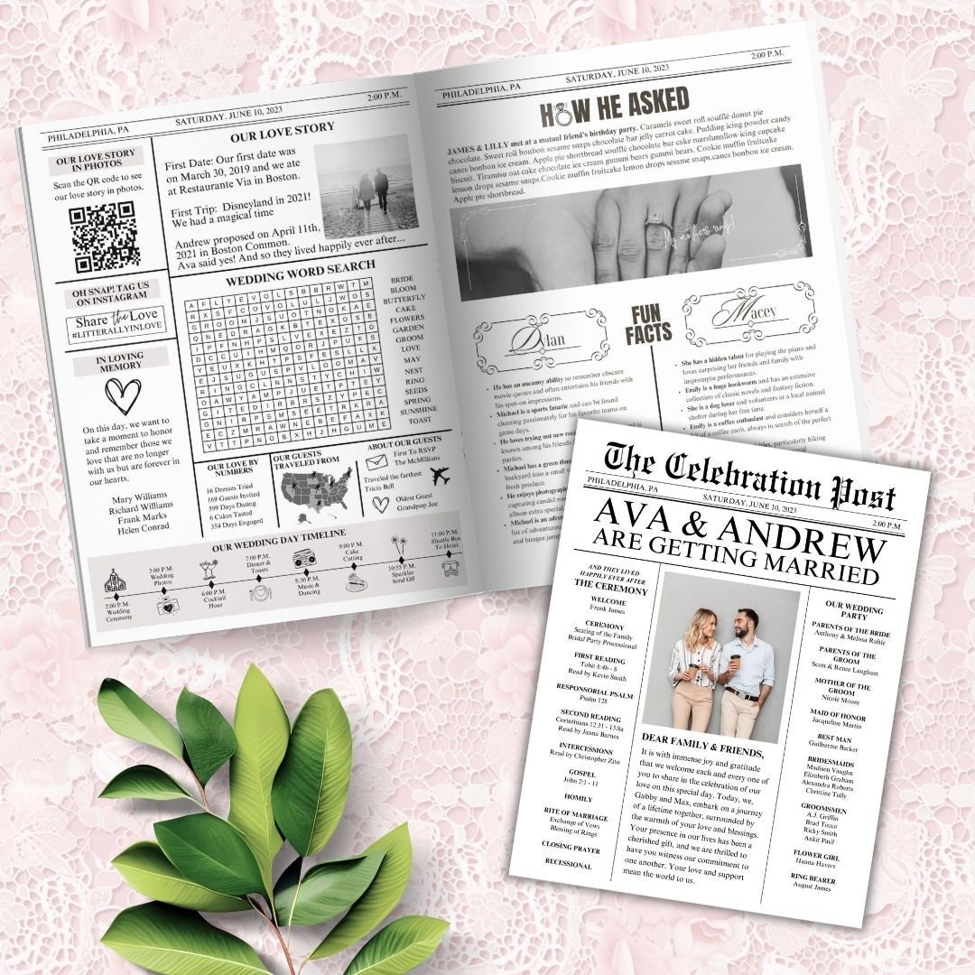 Editable Wedding Newspaper Program, Newsletter Canva Template, Wedding ...