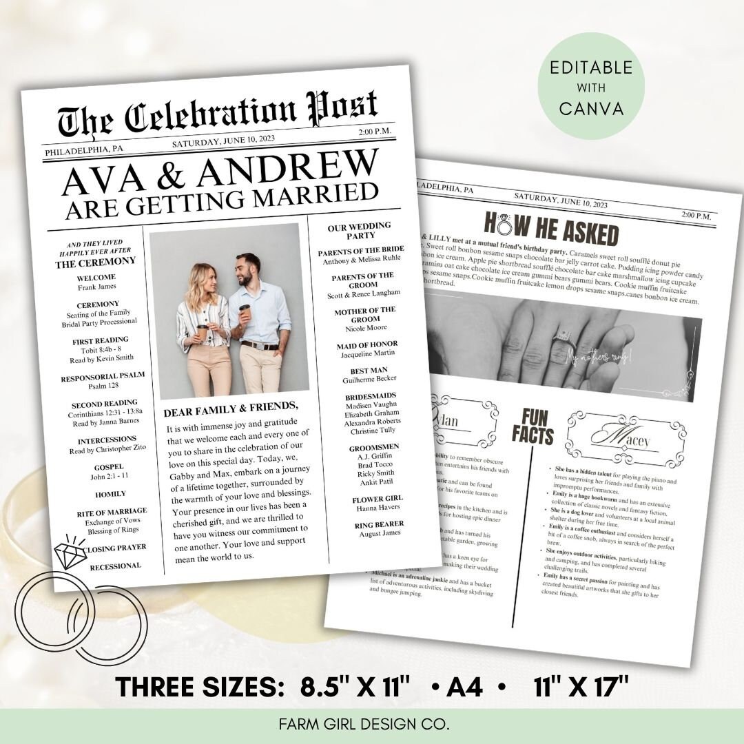 Editable Wedding Newspaper Program, Newsletter Canva Template, Wedding ...