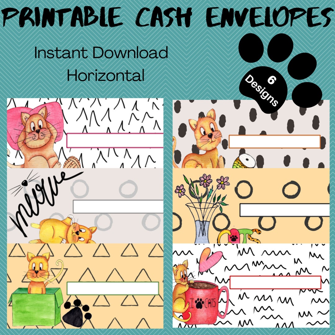 Printable Cash Envelopes Cat Design Set of 6, Horizontal, Transaction ...