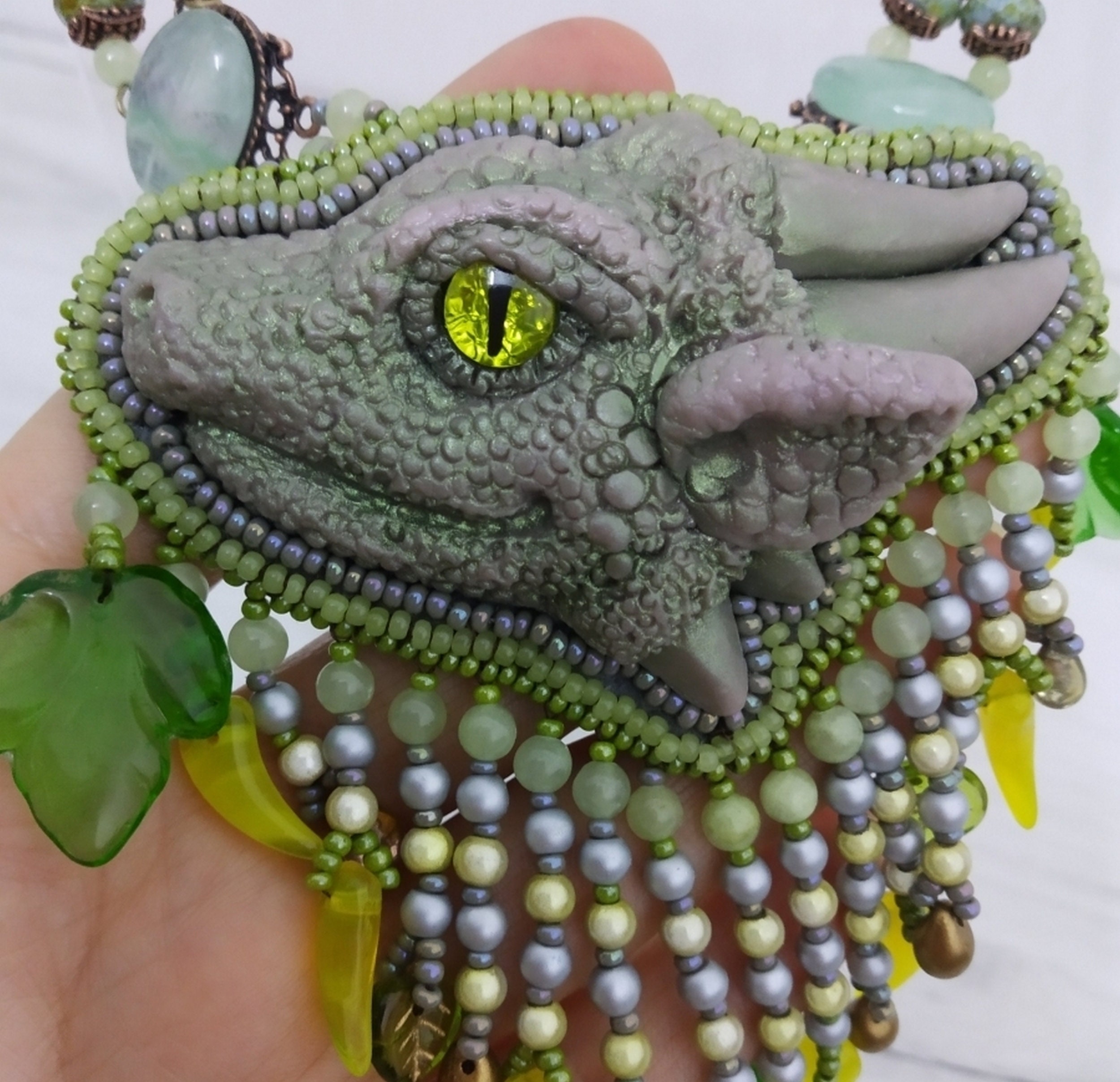 Dragon Face Embroidered Necklace, Beads Jewelry Beadwork Necklace ...