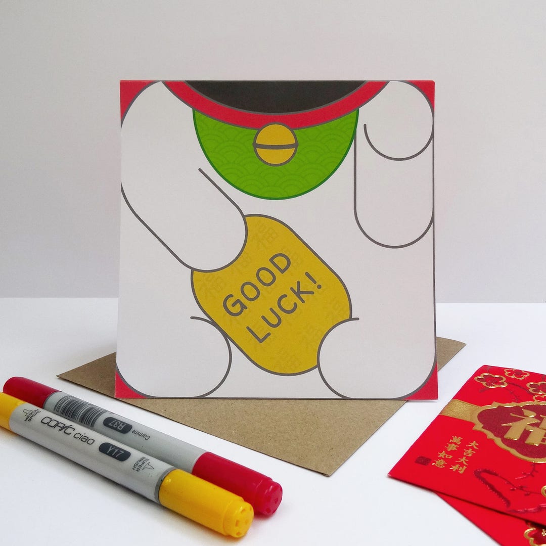 Lucky Cat Greeting Card - Face Card, Funny, Good Luck, Maneki Neko, New ...