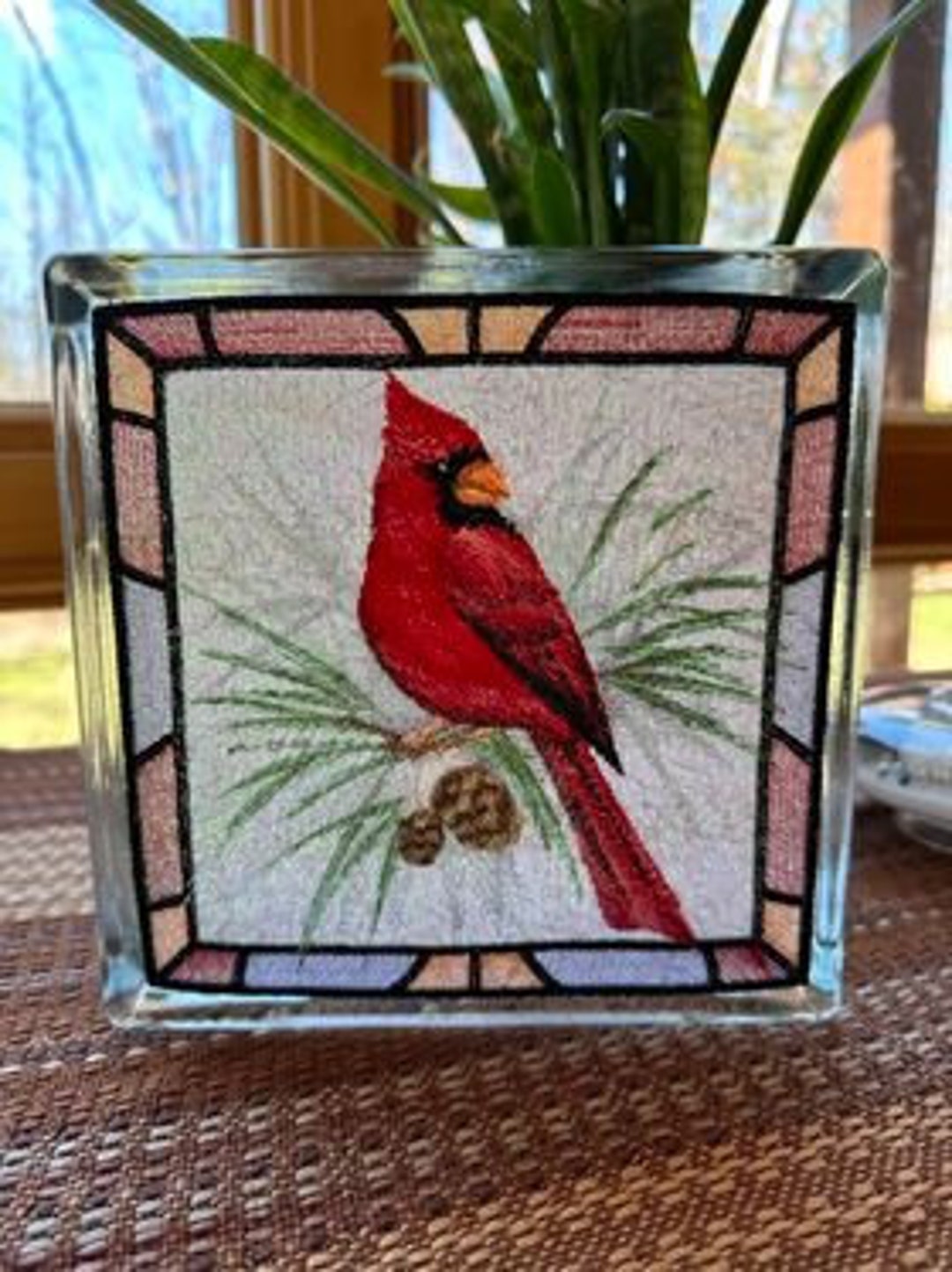 Cardinal Heart Sunflower Violet Iris stained Glass Glass Block With ...
