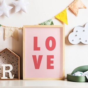 Love Printable Wall Art, Modern Girls Bedroom Decor, Pink and Red, Love ...