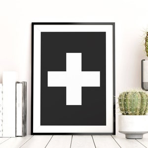 Swiss Cross Printable Wall Art, Plus Symbol, Black & White , Modern ...