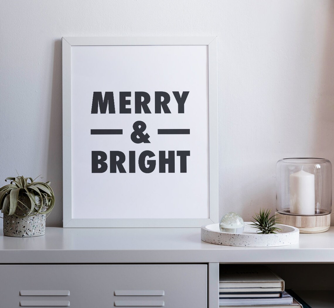 Merry and Bright Printable Wall Art, Christmas Print, Typography Poster ...