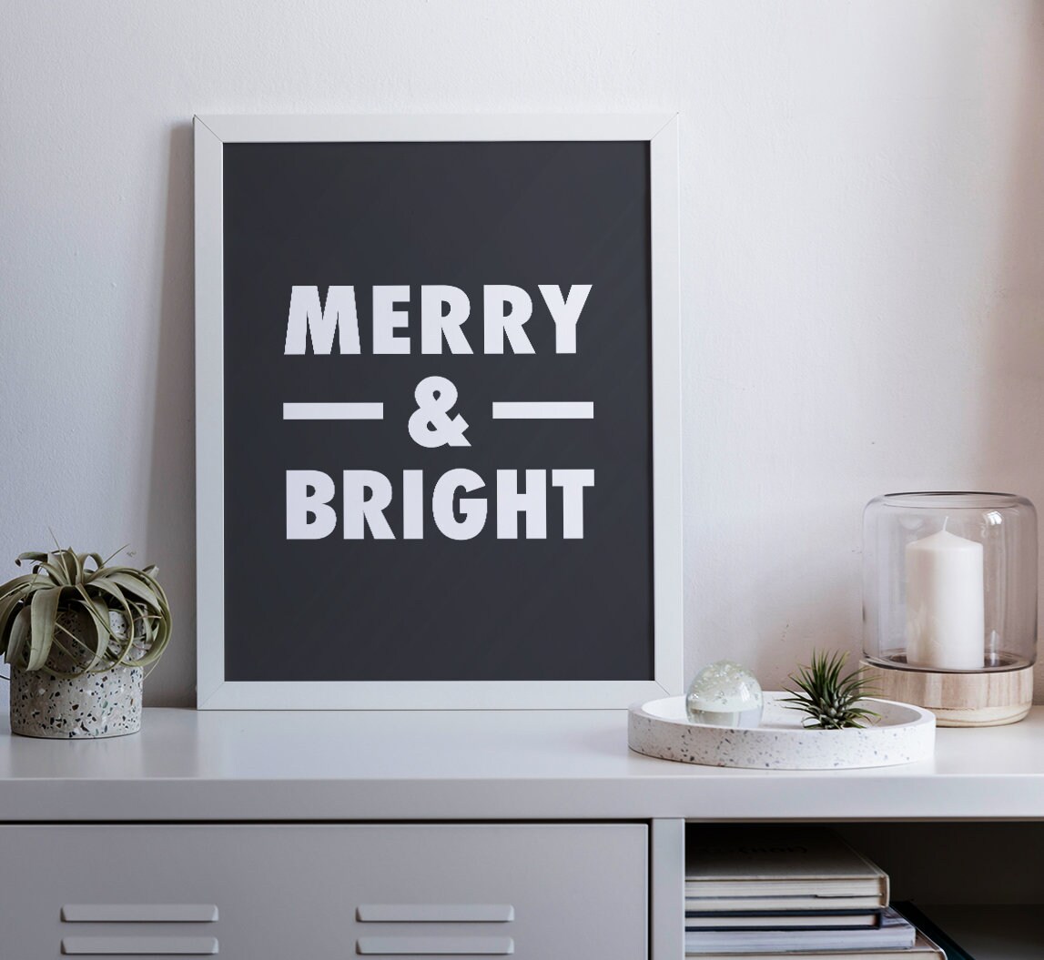 Merry and Bright Printable Wall Art, Christmas Print, Typography Poster ...
