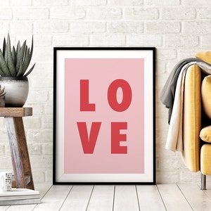 Love Printable Wall Art, Modern Girls Bedroom Decor, Pink and Red, Love ...