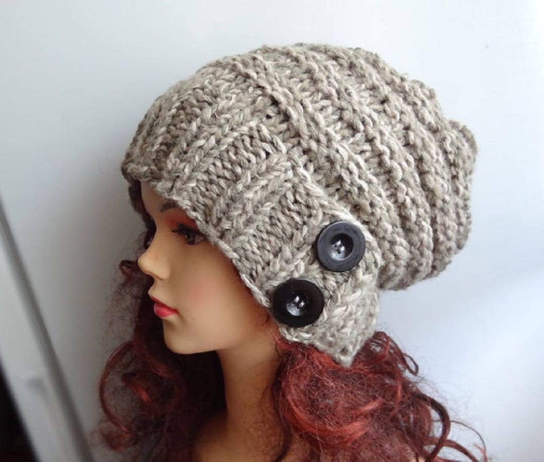 Slouchy Hat Slouchy Beanie Button Hat Hand Knit Winter Women Hat Winter ...