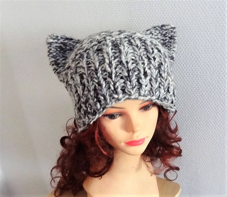Grey Cat hat Chunky beanie Knit hat Animals Hat cat ears hat | Etsy