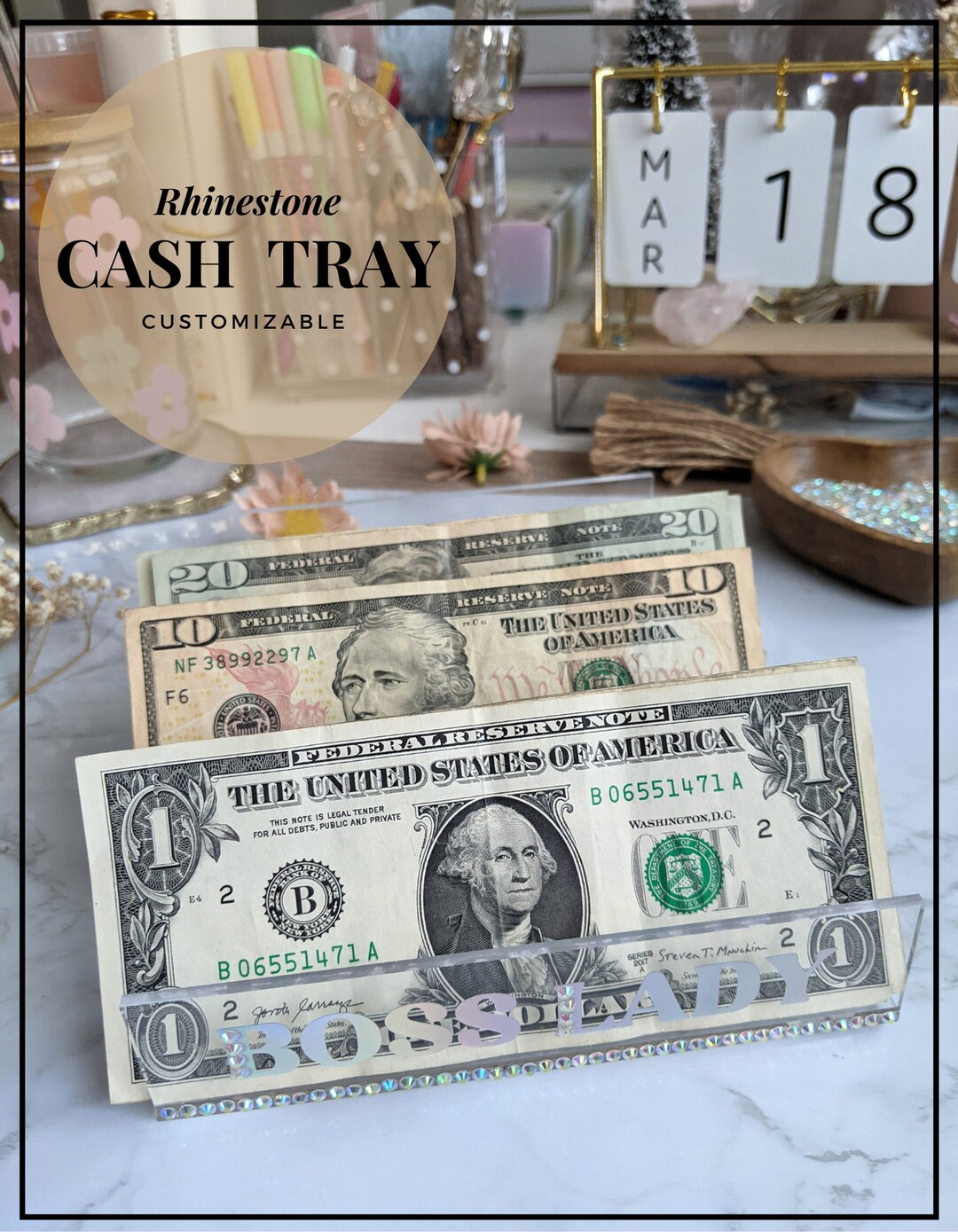 Custom Rhinestone Cash Tray Budgeting Money Organizer 7 - Etsy