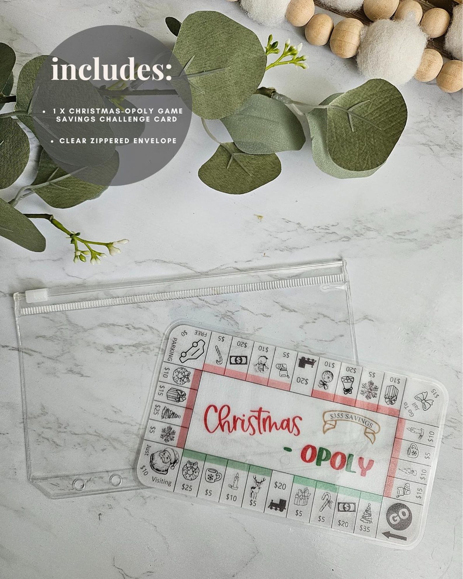 Christmas-opoly Game Card + Clear Zippered Envelope | Savings Challenge ...