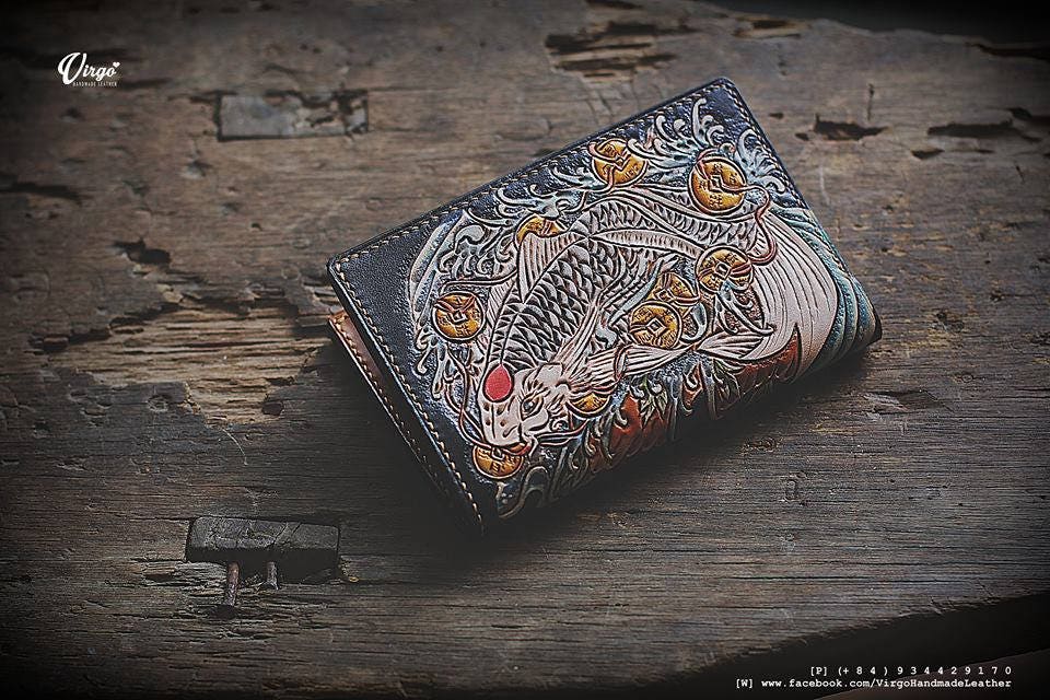 Koi Lucky Fish With Gold Hand Tooled/ Hand Craved Wallet for Men - Etsy