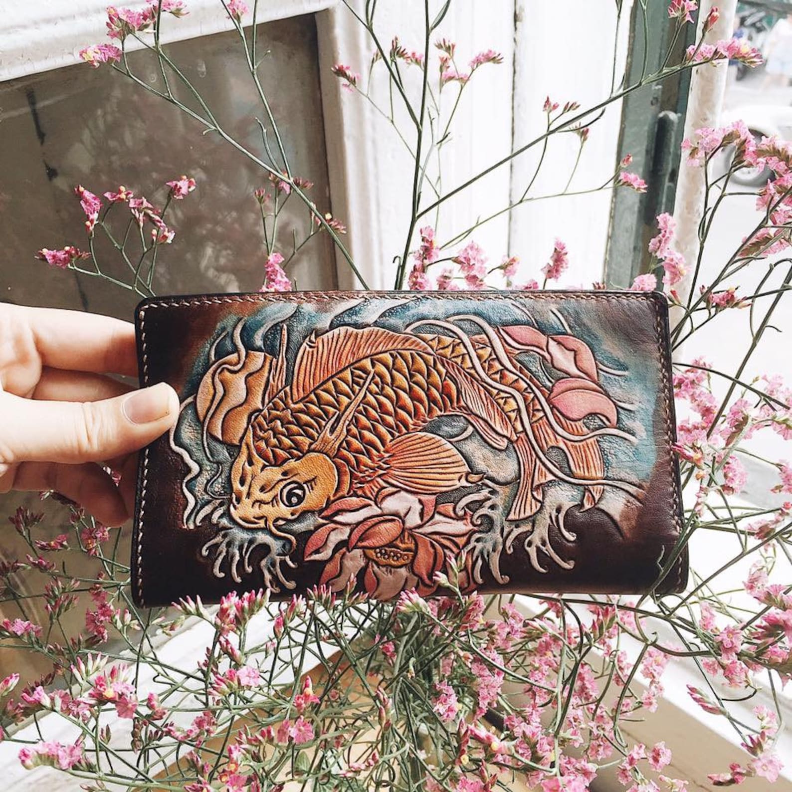 Koi Fish Leather Carving Wallet - Etsy