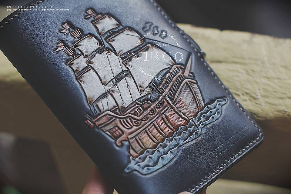 Ship and Sea Hand Tooled Wallet for Men, Personalized Vintage Birthday ...