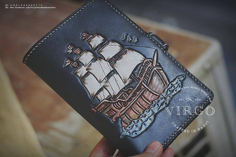 Ship and Sea Hand Tooled Wallet for Men, Personalized Vintage Birthday ...
