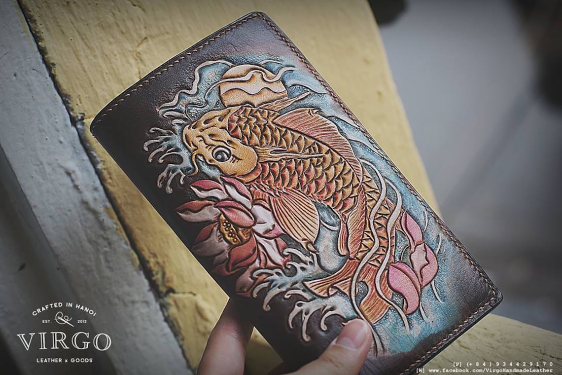 Koi Fish Leather Carving Wallet - Etsy