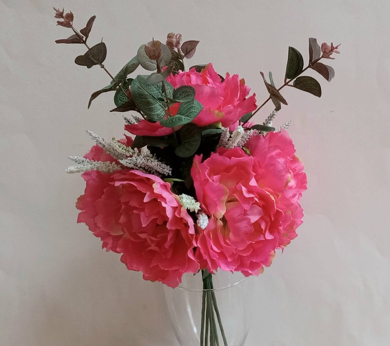 Pink Peony Bouquet Arrangement Topiary in Vase Basket 15"h 9"w ...