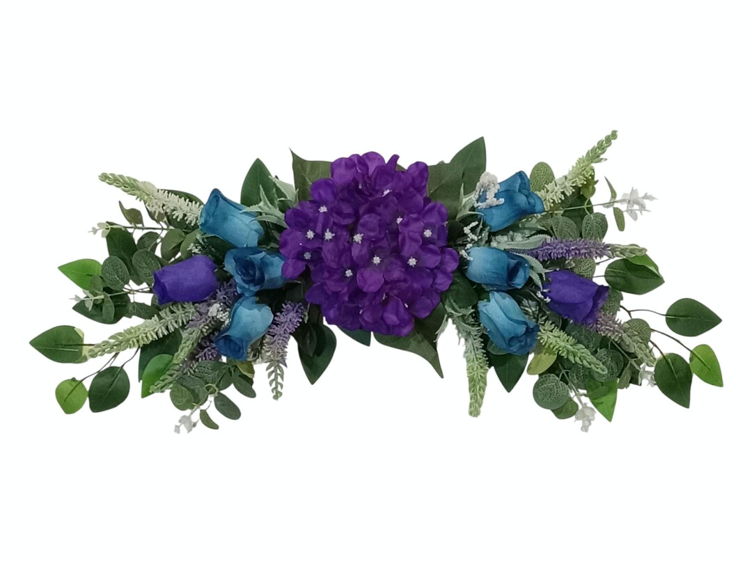 Turquoise Blue, Purple Roses Hydrangea Eucalyptus Ficus 25"w Swag Silk ...