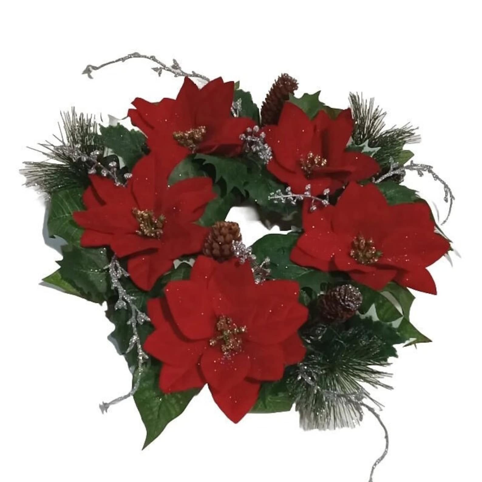 Christmas Red Poinsettia Candle Ring / Wreath 12" Silk Flower ...
