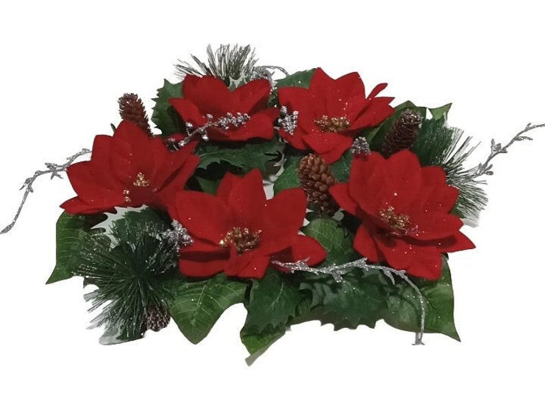 Christmas Red Poinsettia Candle Ring / Wreath 12" Silk Flower ...